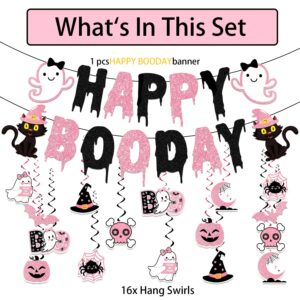 Pink Halloween Party Decorations, Halloween Birthday Party Decorations Includes Happy Boo Day Banner and Halloween Hanging Swirls, Pink Halloween Party Decor for Halloween Outdoor Indoor Supplies