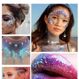 3 Colors Face and Body Glitter Gel,Holographic Cosmetic Laser Powder Festival Glitter Makeup,Sequins Shimmer Liquid Eyeshadow,Singer Concerts Music Festival Rave Accessories-150ML (White+Pink+Blue)