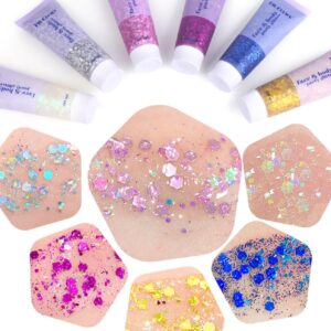 3 Colors Face and Body Glitter Gel,Holographic Cosmetic Laser Powder Festival Glitter Makeup,Sequins Shimmer Liquid Eyeshadow,Singer Concerts Music Festival Rave Accessories-150ML (White+Pink+Blue)