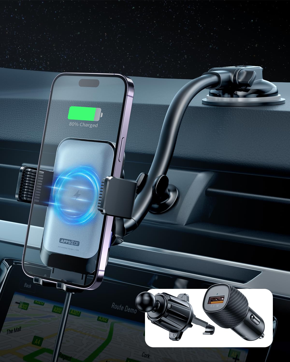 APPS2Car Wireless Car Charger Auto Clamping Wireless Car Charger Mount Car Phone Holder Wireless Charger for Dashboard & Air Vent Phone Mount for Car Wireless Charging for iPhone 15/14/13 Galaxy etc