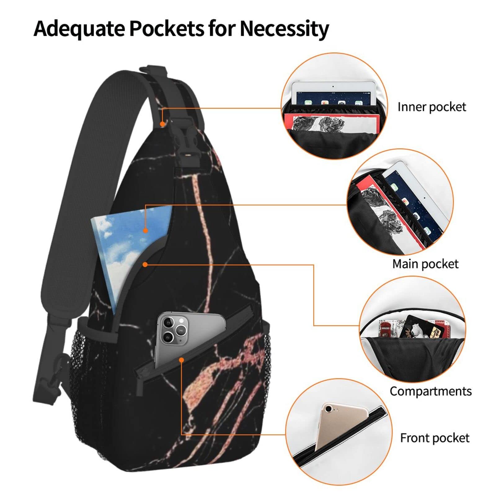 Black Rose Gold Marble Print Cross Chest Bag Diagonally,Sling Backpack Fashion Travel Hiking Daypack Crossbody Shoulder Bag For Men Women