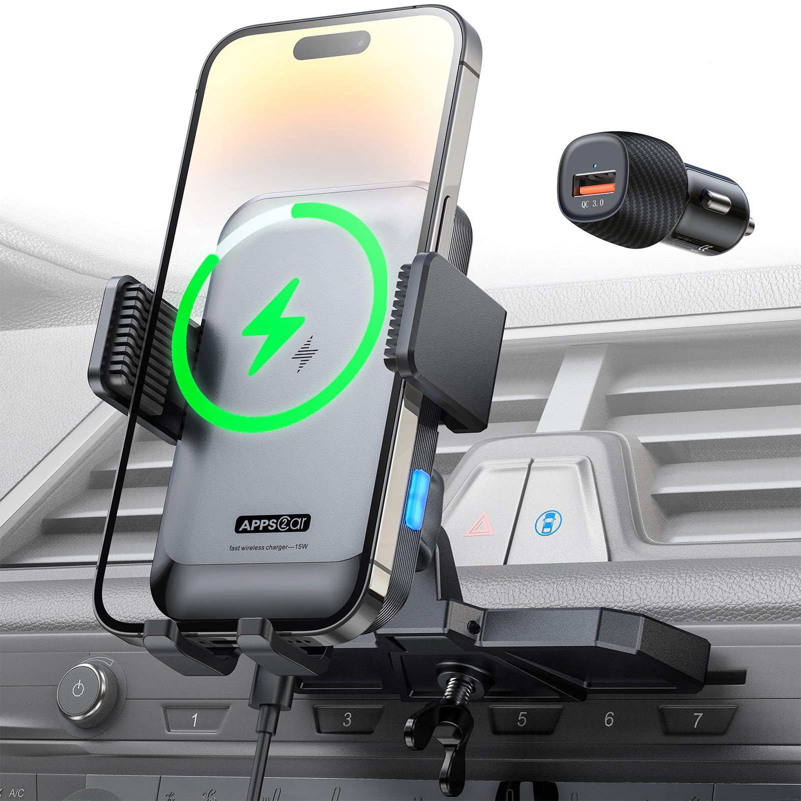 APPS2Car Wireless Car Charger Mount CD Slot Auto Clamping 15W Fast Charging CD Phone Holder for Car Wireless Charger Fit for iPhone 15 14 13 12 Pro Max, Samsung S23 Ultra S22 Note 20, Google, LG etc.