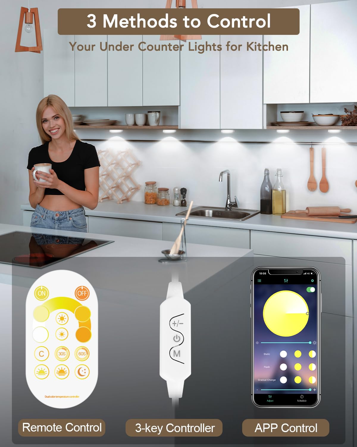 KeShu Under Cabinet Lights Plug in, Dimmable White LED Under Cabinet Lighting Hardwired Closet Lights, Smart Bluetooth APP Remote Control Under Counter Lights for Kitchen, Cabinet