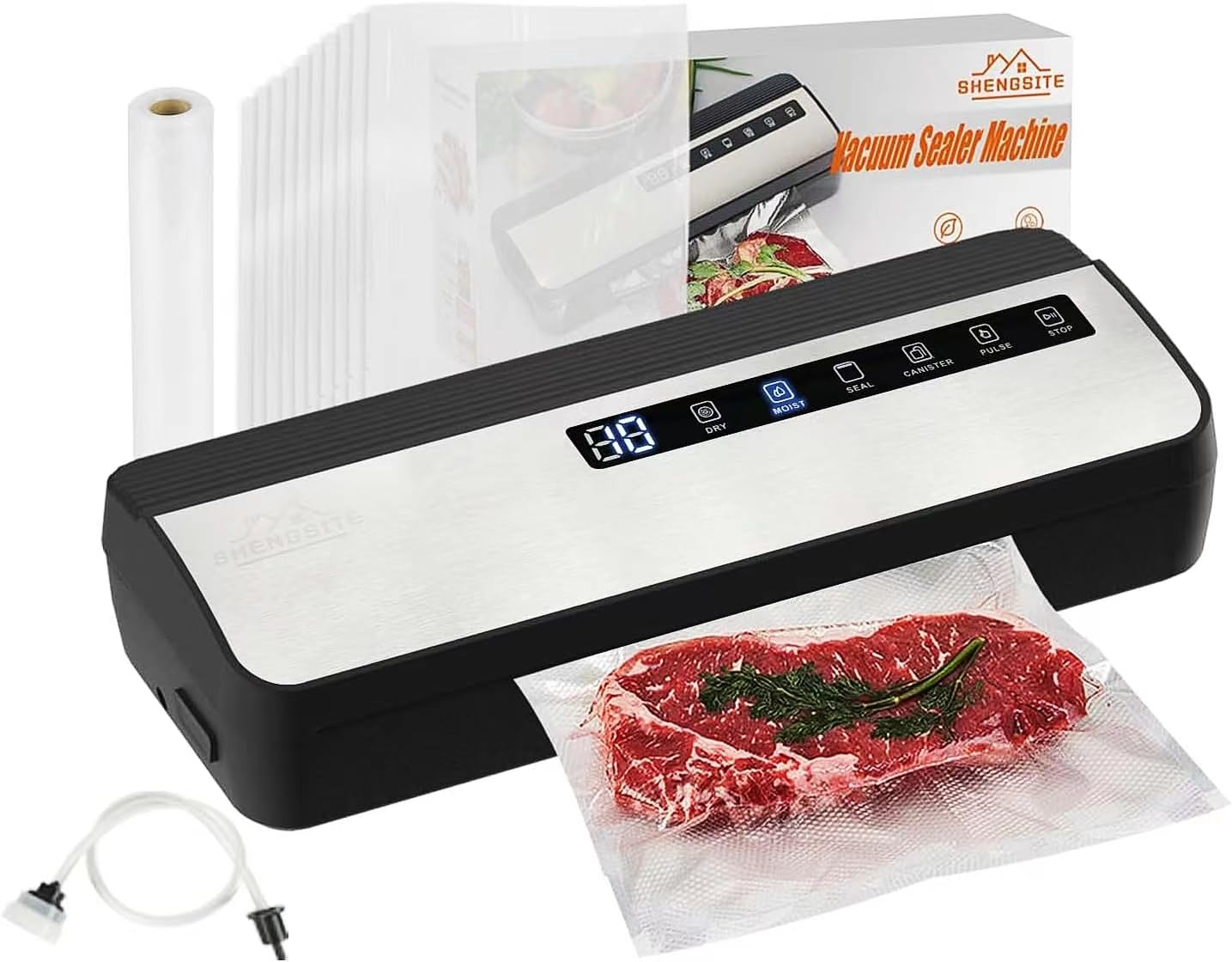 Shengsite Vacuum Sealer Machine, 6 in 1 Precision Food Vacuum Sealer with Built-in cutter, Led Indicator for Food Storage,Includes 10 Vacuum Seal Bags,1 Rolls Starter Kit& 1 Air Suction Hose