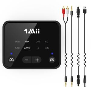 1Mii Bluetooth 5.3 Transmitter for TV to 2 Wireless Headphones, Long Range 100ft Bluetooth Adapter for TV aptX Low Latency& HD/Volume Control, Optical/USB/AUX/RCA Audio Inputs