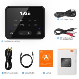 1Mii Bluetooth 5.3 Transmitter for TV to 2 Wireless Headphones, Long Range 100ft Bluetooth Adapter for TV aptX Low Latency& HD/Volume Control, Optical/USB/AUX/RCA Audio Inputs