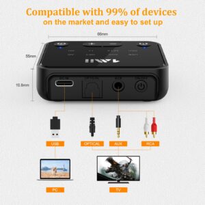 1Mii Bluetooth 5.3 Transmitter for TV to 2 Wireless Headphones, Long Range 100ft Bluetooth Adapter for TV aptX Low Latency& HD/Volume Control, Optical/USB/AUX/RCA Audio Inputs