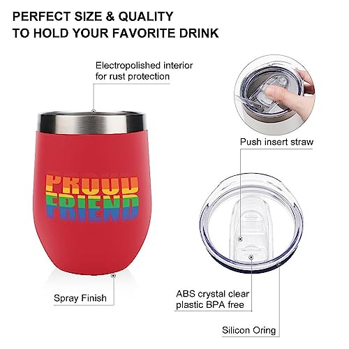 Mighun Pride Parade LGBT Wine Tumbler with Lid Proud Friend Rainbow Vacuum Coffee Tumbler Stainless Steel Coffee Cup for Cold & Hot Drinks Wine Coffee Cocktails Beer 12 Oz