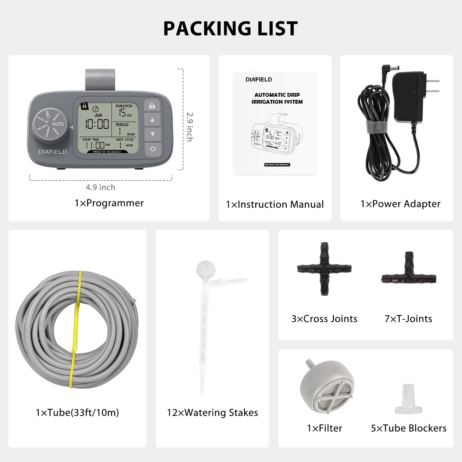 DIAFIELD Automatic Watering System for Potted Plants, Indoor Watering System for Plants, Automatic Drip Irrigation Kit with 30-Day Programmable Water Timer, LCD Display & Power Supply