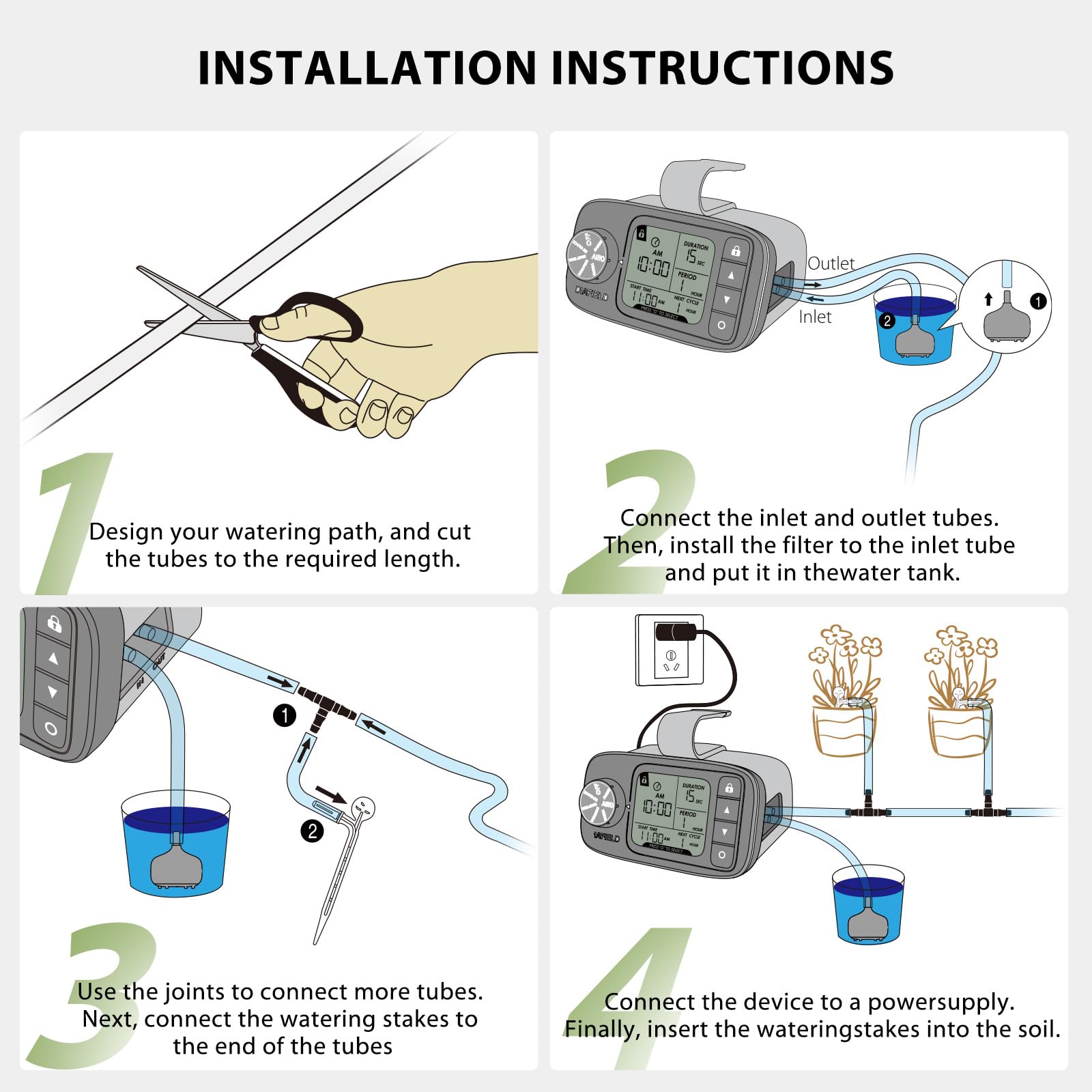 DIAFIELD Automatic Watering System for Potted Plants, Indoor Watering System for Plants, Automatic Drip Irrigation Kit with 30-Day Programmable Water Timer, LCD Display & Power Supply