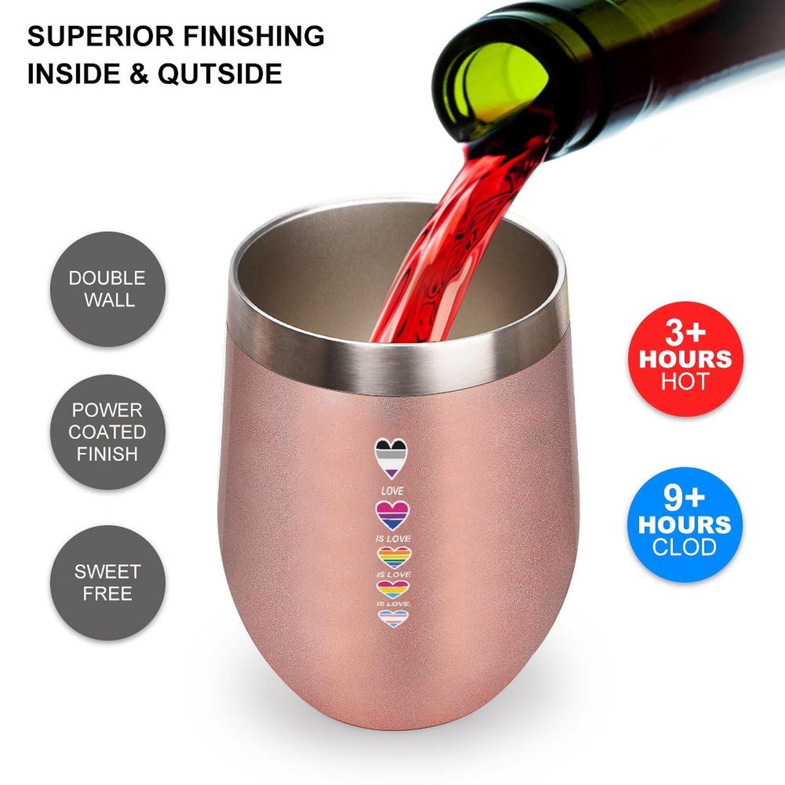 Mighun Love Is Love Pansexual Bisexual Lgbtq Wine Tumbler with Lid, Pride Parade LGBT Vacuum Coffee Tumbler, Gay Pride Stemless Insulated Wine Glasses Cup for Champaign, Cocktail, Beer