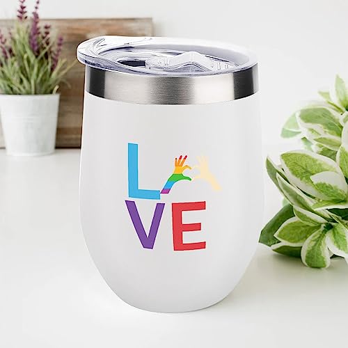 Mighun LGBT Pride Gay Lesbian Wine Tumbler with Lid LGBT Love Vacuum Coffee Tumbler Stainless Steel Coffee Cup for Cold & Hot Drinks Wine Coffee Cocktails Beer 12 Oz