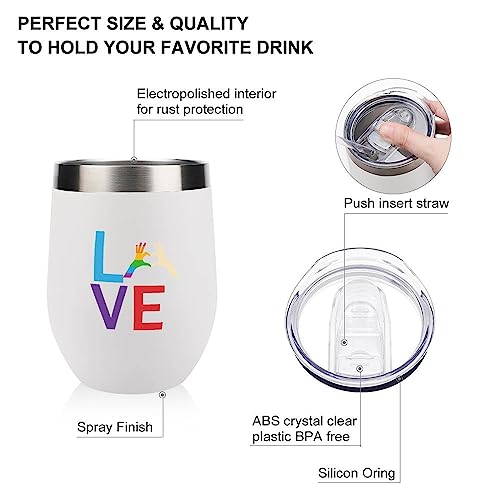 Mighun LGBT Pride Gay Lesbian Wine Tumbler with Lid LGBT Love Vacuum Coffee Tumbler Stainless Steel Coffee Cup for Cold & Hot Drinks Wine Coffee Cocktails Beer 12 Oz