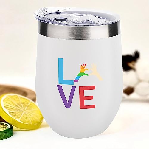 Mighun LGBT Pride Gay Lesbian Wine Tumbler with Lid LGBT Love Vacuum Coffee Tumbler Stainless Steel Coffee Cup for Cold & Hot Drinks Wine Coffee Cocktails Beer 12 Oz