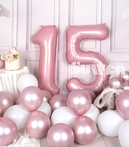 SUWEN 40 Inch Pink Large 15 Number Balloons Big Foil Helium Number Balloons 0-9 Jumbo Happy 15th Mylar Birthday Party Decorations for Girl or Women 51 Anniversary Party Supplies