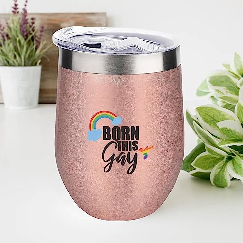 Mighun Born This Gay Hummingbird Lgbt Wine Tumbler with Lid, Pride Parade LGBT Vacuum Coffee Tumbler, Gay Pride Stemless Insulated Wine Glasses Cup for Champaign, Cocktail, Beer