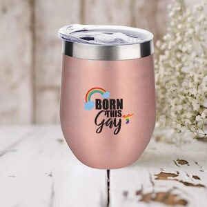 Mighun Born This Gay Hummingbird Lgbt Wine Tumbler with Lid, Pride Parade LGBT Vacuum Coffee Tumbler, Gay Pride Stemless Insulated Wine Glasses Cup for Champaign, Cocktail, Beer