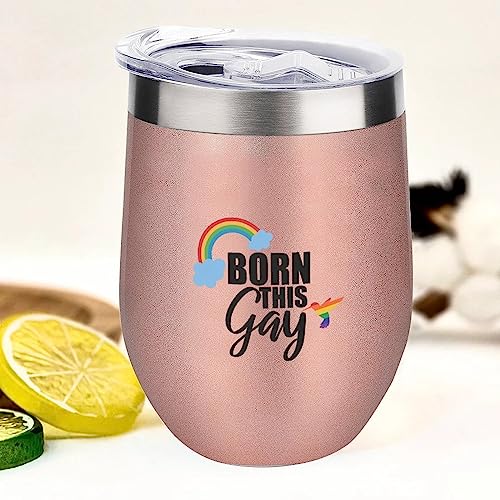 Mighun Born This Gay Hummingbird Lgbt Wine Tumbler with Lid, Pride Parade LGBT Vacuum Coffee Tumbler, Gay Pride Stemless Insulated Wine Glasses Cup for Champaign, Cocktail, Beer