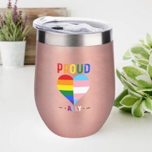 Mighun Proud Ally LGBT Rainbow Heart Wine Tumbler with Lid, LGBT Pride Vacuum Coffee Tumbler, Gay Pride Stemless Insulated Wine Glasses Cup for Champaign, Cocktail, Beer