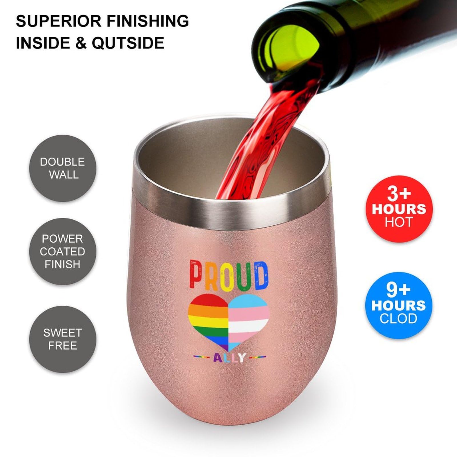 Mighun Proud Ally LGBT Rainbow Heart Wine Tumbler with Lid, LGBT Pride Vacuum Coffee Tumbler, Gay Pride Stemless Insulated Wine Glasses Cup for Champaign, Cocktail, Beer