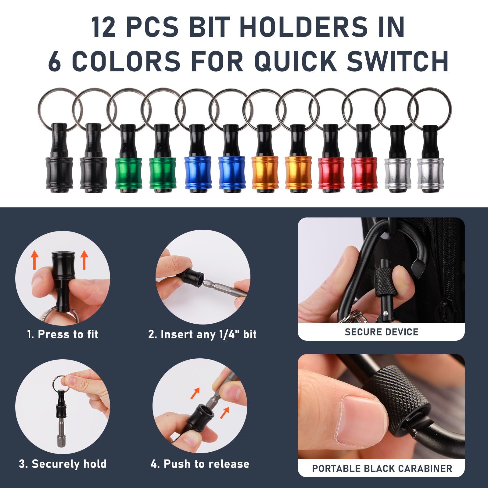 Valkynos Bit Holder Cool Gadgets, Cool Stuff Quick Release Bit Holder, 1/4 Drill Bit Holder Keychain 12Pcs, and 105° Right Angle Drill Attachment for Tight Spaces, 13Pcs Stocking Stuffers for Men Dad