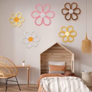 preboun 5 pack boho nursery decor for girl daisy flower woven macrame wall hanging bohemian nursery home wall decor nursery wall decor flowers for baby girls kids nursery dorm decor (classic color)