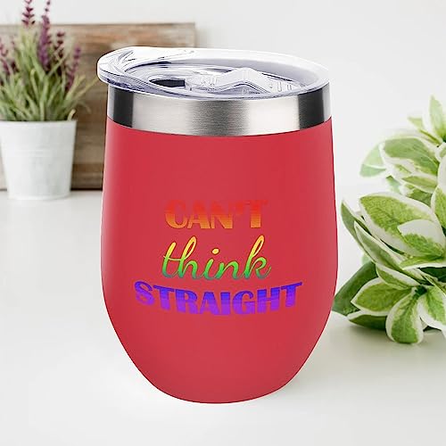 Mighun Gay Pride LGBT Equality Lesbian Wine Tumbler with Lid Can’t Think Straight Vacuum Coffee Tumbler Stainless Steel Coffee Cup for Cold & Hot Drinks Wine Coffee Cocktails Beer 12 Oz