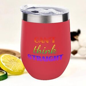 Mighun Gay Pride LGBT Equality Lesbian Wine Tumbler with Lid Can’t Think Straight Vacuum Coffee Tumbler Stainless Steel Coffee Cup for Cold & Hot Drinks Wine Coffee Cocktails Beer 12 Oz