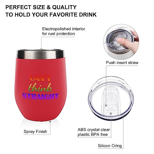 Mighun Gay Pride LGBT Equality Lesbian Wine Tumbler with Lid Can’t Think Straight Vacuum Coffee Tumbler Stainless Steel Coffee Cup for Cold & Hot Drinks Wine Coffee Cocktails Beer 12 Oz