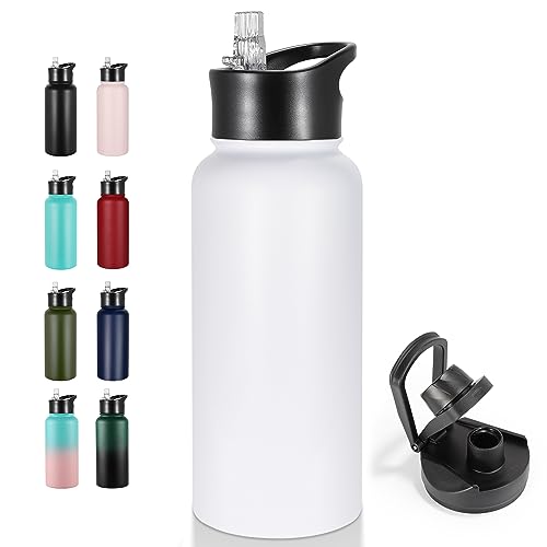 VEGOND 32 oz Insulated Water Bottle Stainless Steel Metal Water Bottles with Leak Proof Straw Lid & Spout Lid, Wide Mouth Double Walled Vacuum Travel Sports Bottle, White