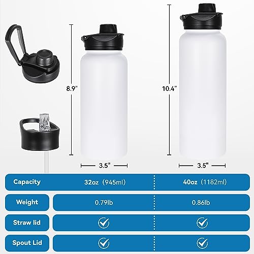 VEGOND 32 oz Insulated Water Bottle Stainless Steel Metal Water Bottles with Leak Proof Straw Lid & Spout Lid, Wide Mouth Double Walled Vacuum Travel Sports Bottle, White