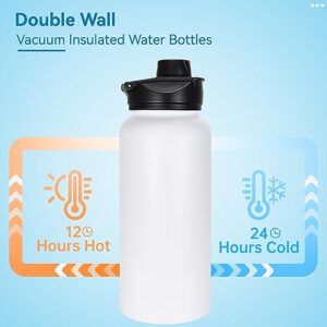 VEGOND 32 oz Insulated Water Bottle Stainless Steel Metal Water Bottles with Leak Proof Straw Lid & Spout Lid, Wide Mouth Double Walled Vacuum Travel Sports Bottle, White