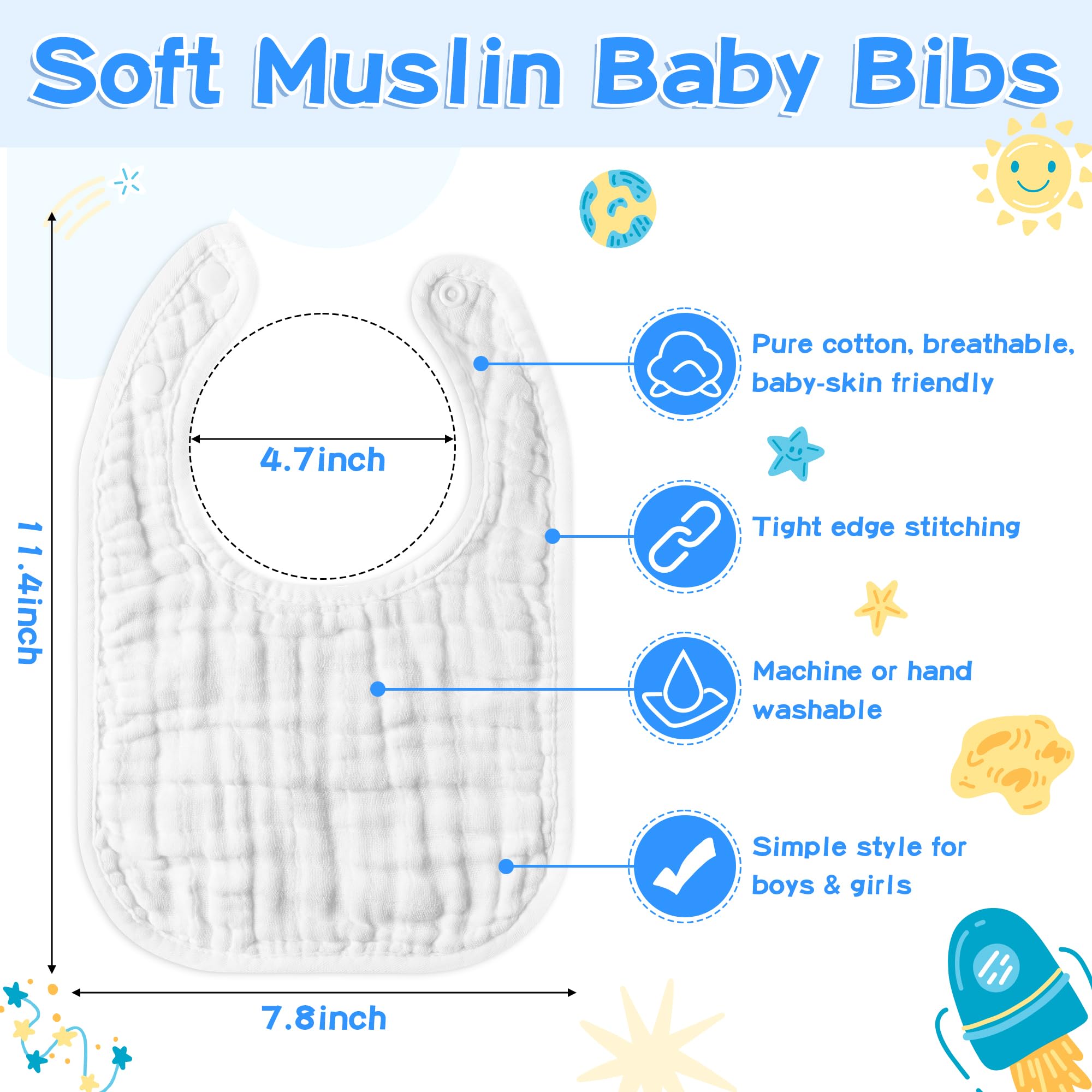 GROBRO7 8Pcs Muslin Baby Bibs White Soft Cotton Adjustable Snap Drool Bib Absorbent Breathable Feeding Bibs Machine Washable Burp Cloths for 0-24 Months Unisex Newborn Toddler Infant Teething Drooling