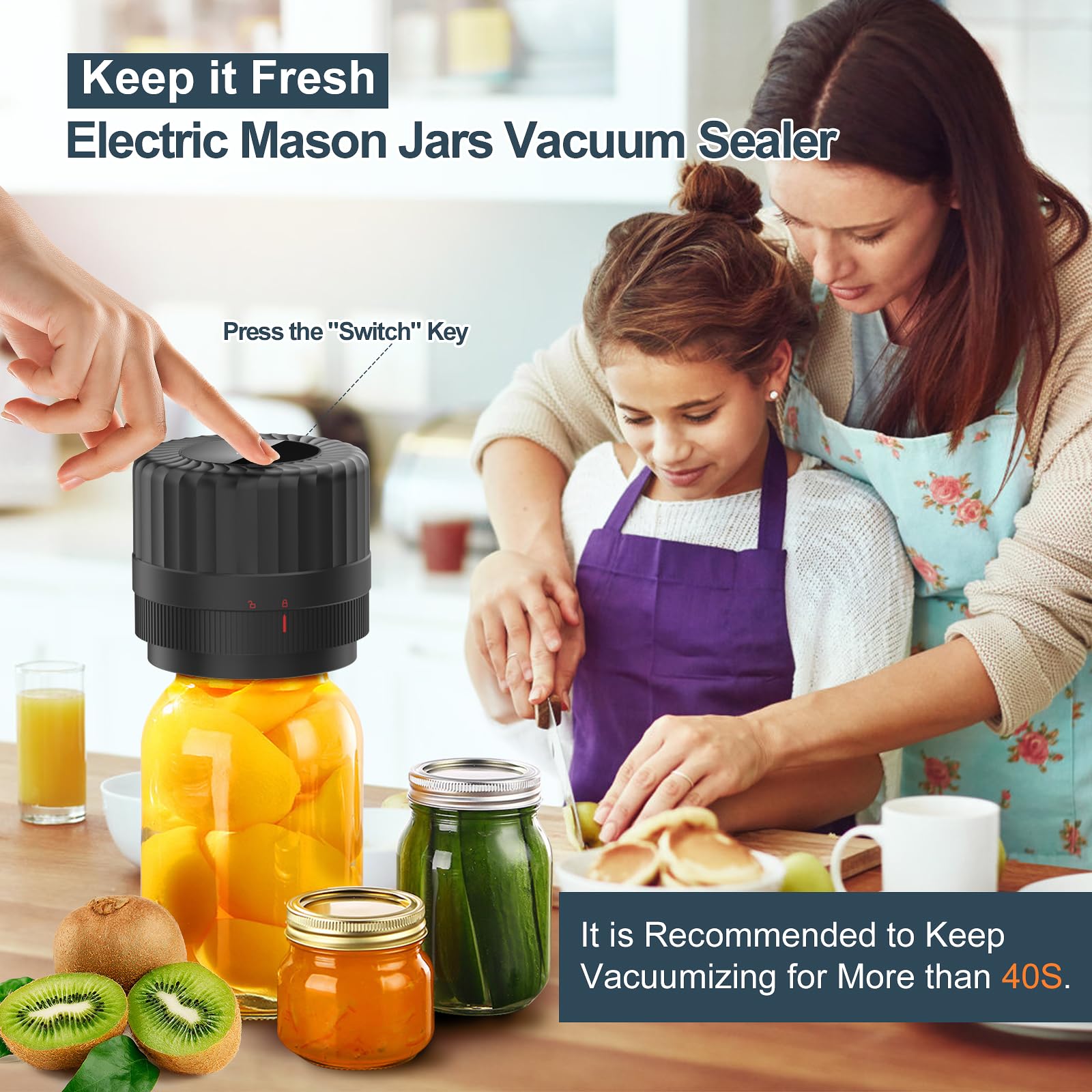 Electric Mason Jar Vacuum Sealer for Cannning＆Food Storage,Led Display,All-in-One Mason Jars Vacuum Sealer Kit for Wide Mouth＆Regular Mouth Jars,Cordless Vacuum Sealer Mothers Day Gifts-8 Jar Lids