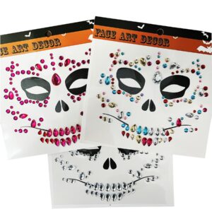 PADOUN Rhinestone Face Jewels, 3-Pack Day of the Died Face Gems Halloween Temporary Face Tattoo, Stick on Hollowing Prank Makeup Costume