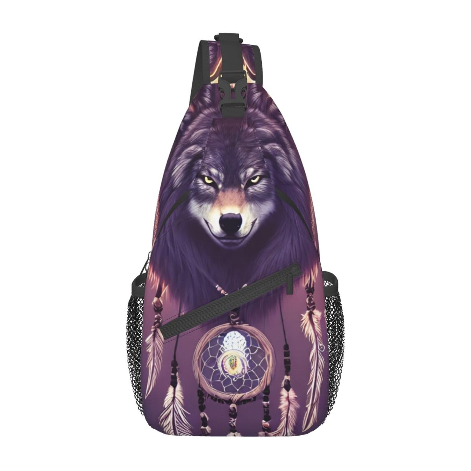 Dream Catcher Wolf Sling Backpack Crossbody Shoulder Bags For Women Men Native American Indian Casual Daypacks Adjustable Chest Bag For Hiking Travel