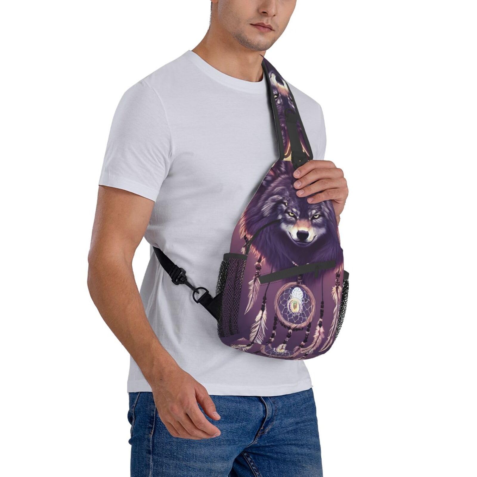 Dream Catcher Wolf Sling Backpack Crossbody Shoulder Bags For Women Men Native American Indian Casual Daypacks Adjustable Chest Bag For Hiking Travel