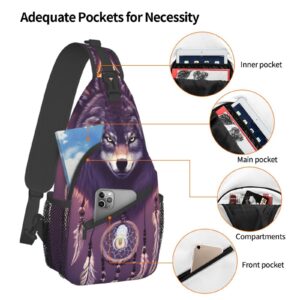 Dream Catcher Wolf Sling Backpack Crossbody Shoulder Bags For Women Men Native American Indian Casual Daypacks Adjustable Chest Bag For Hiking Travel