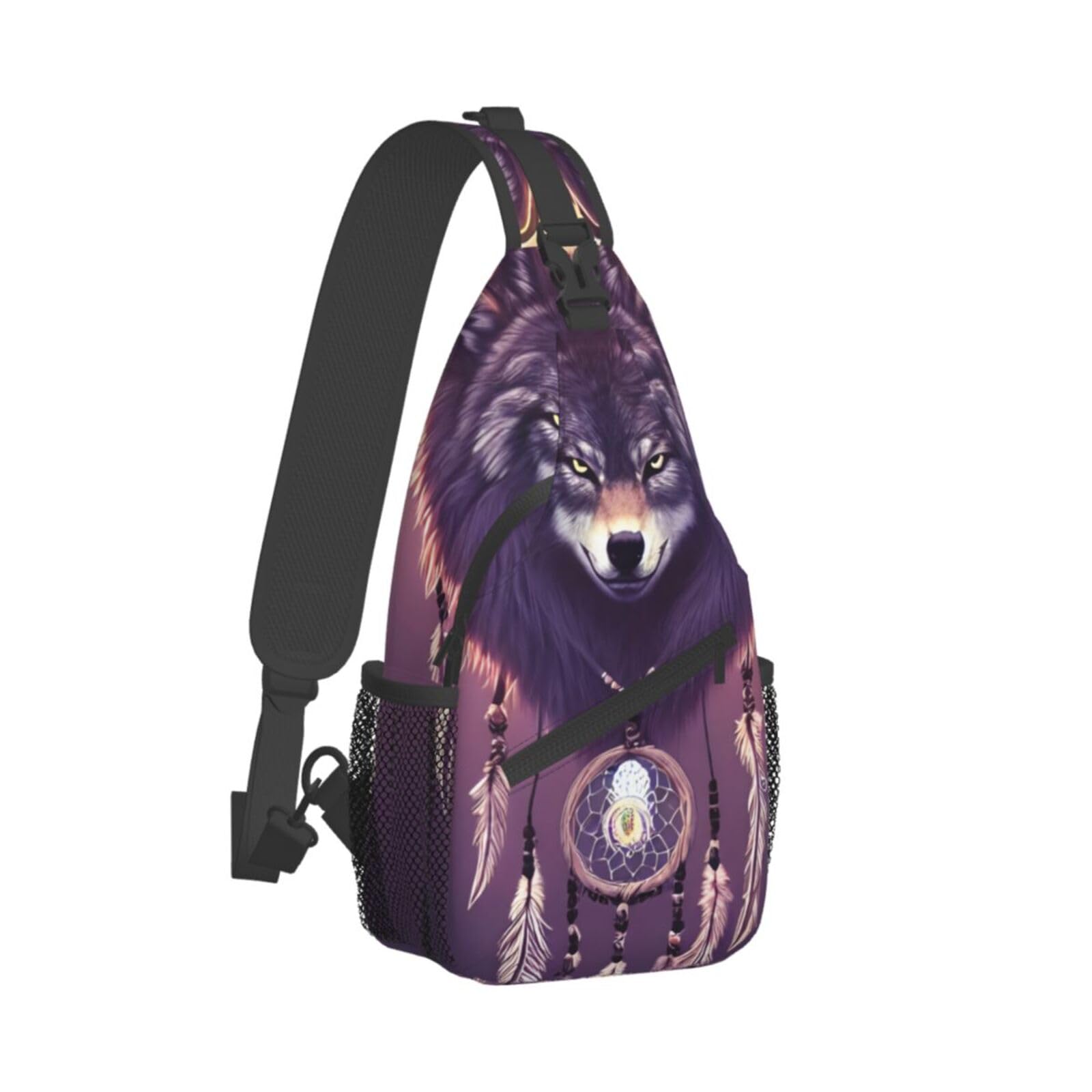 Dream Catcher Wolf Sling Backpack Crossbody Shoulder Bags For Women Men Native American Indian Casual Daypacks Adjustable Chest Bag For Hiking Travel