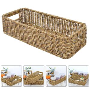 Rattan Storage Basket Kitchen Utensil Holder Woven Rectangular Cutlery Storage Basket Silverware Tray Natural Woven Flatware Organizer Tray Woven Cutlery Holder