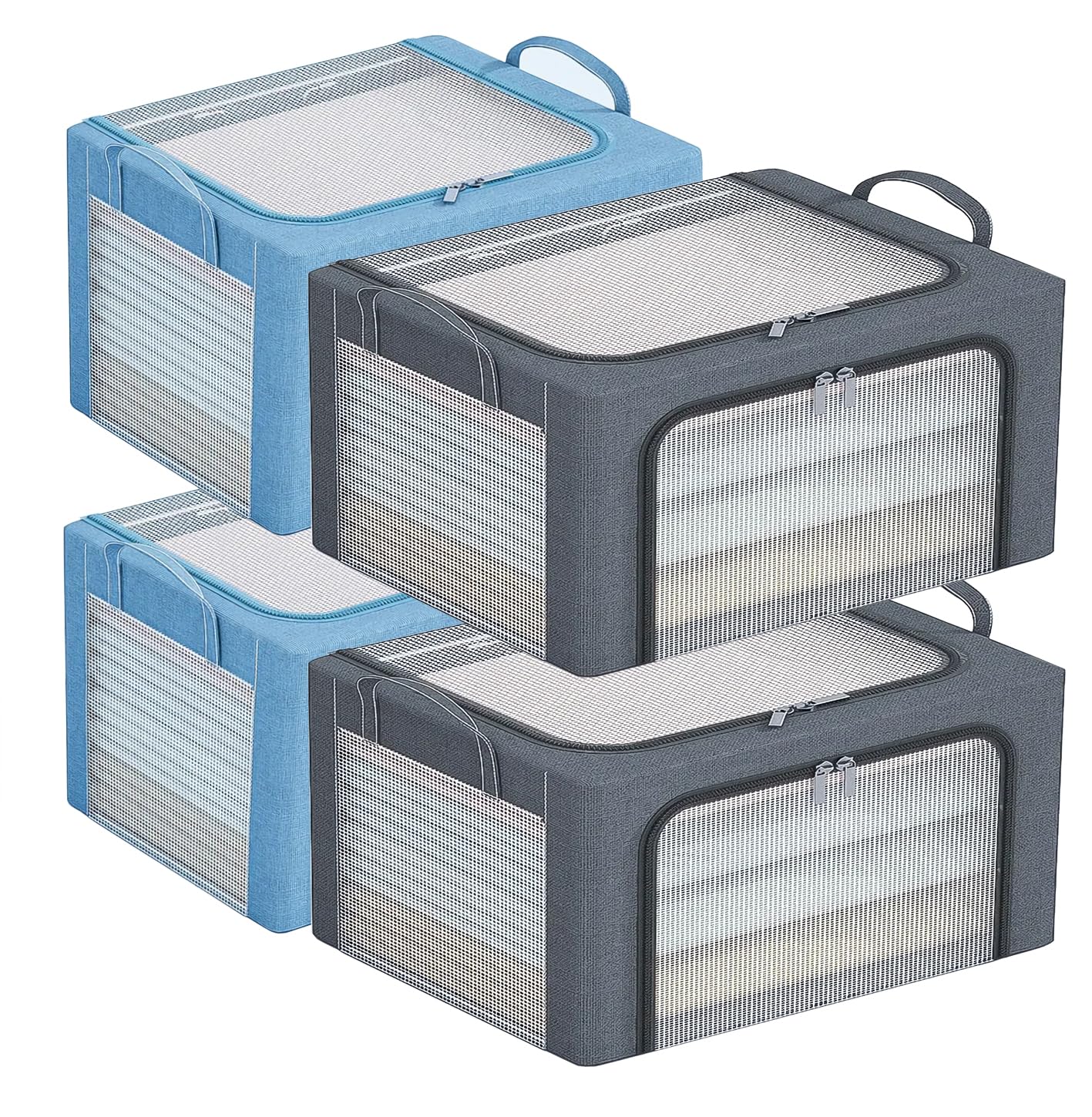 AARAINBOW Closet Clothes Organizer 4 Pcs, Stackable Storage Bins with Clear Window & Handles Steel Frame Storage Boxes with Lids Foldable Storage Container for Clothes Toys, 24L (2 Gray 2 blue)