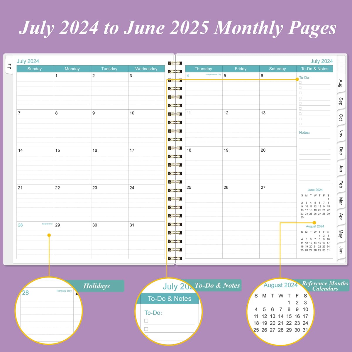 2024-2025 Planner - Weekly & Monthly Planner Spiral Bound, Planner 2024-2025 from July 2024 - June 2025 with Monthly Tabs, Inner Pocke, 8.5" x 11", Purple