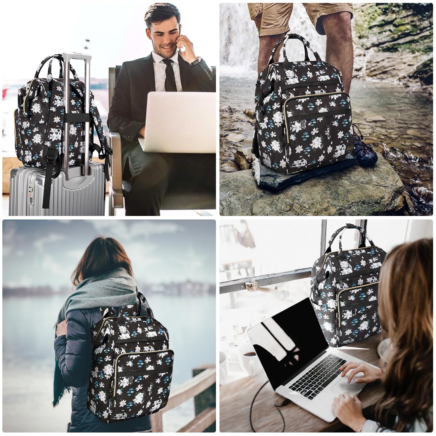 dvarn Laptop Backpack for Women and Men 16.5" Waterproof College Bag With USB Port, RFID Pocket, Waterproof, Travel Work Backpack, Anti-theft College Backpack (Floral Black)