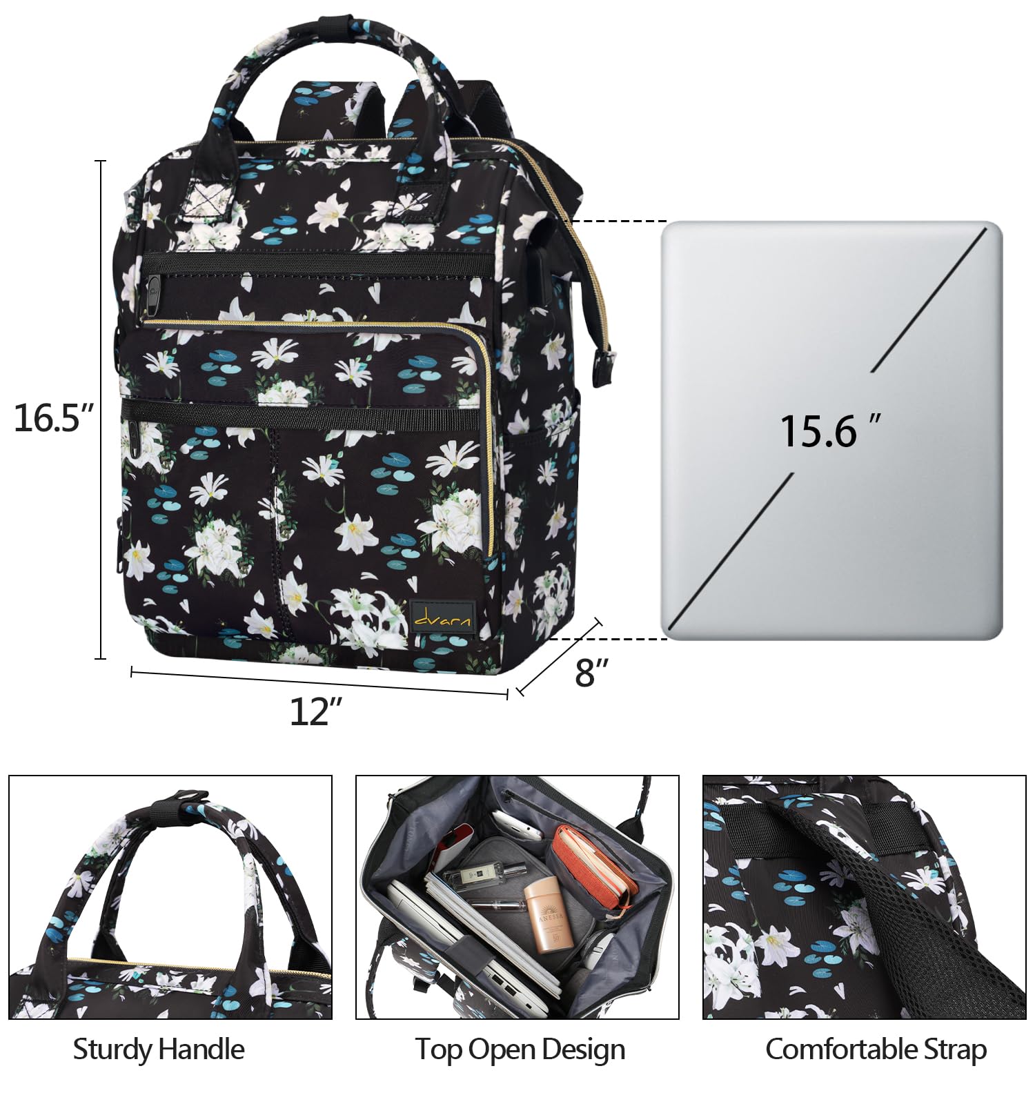 dvarn Laptop Backpack for Women and Men 16.5" Waterproof College Bag With USB Port, RFID Pocket, Waterproof, Travel Work Backpack, Anti-theft College Backpack (Floral Black)