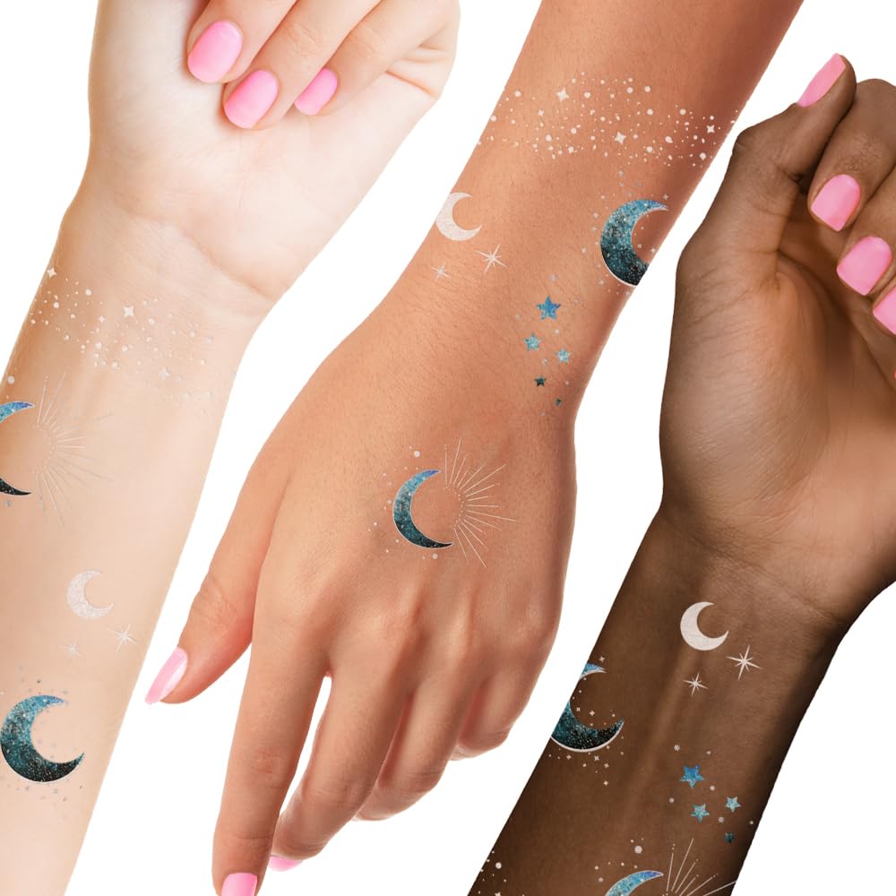 Tattoos Moonlight temporary tattoos | 25 temporary tattoos | Premium waterproof metallic silver glitter face Flash Tattoos | Face Sparkle, Face Glitter, Moon Tattoo, Stars, Celestial | Tattoo Freckles