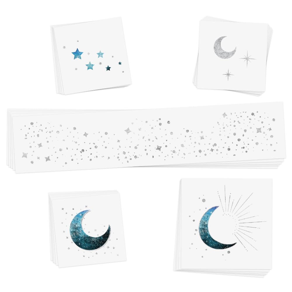 Tattoos Moonlight temporary tattoos | 25 temporary tattoos | Premium waterproof metallic silver glitter face Flash Tattoos | Face Sparkle, Face Glitter, Moon Tattoo, Stars, Celestial | Tattoo Freckles