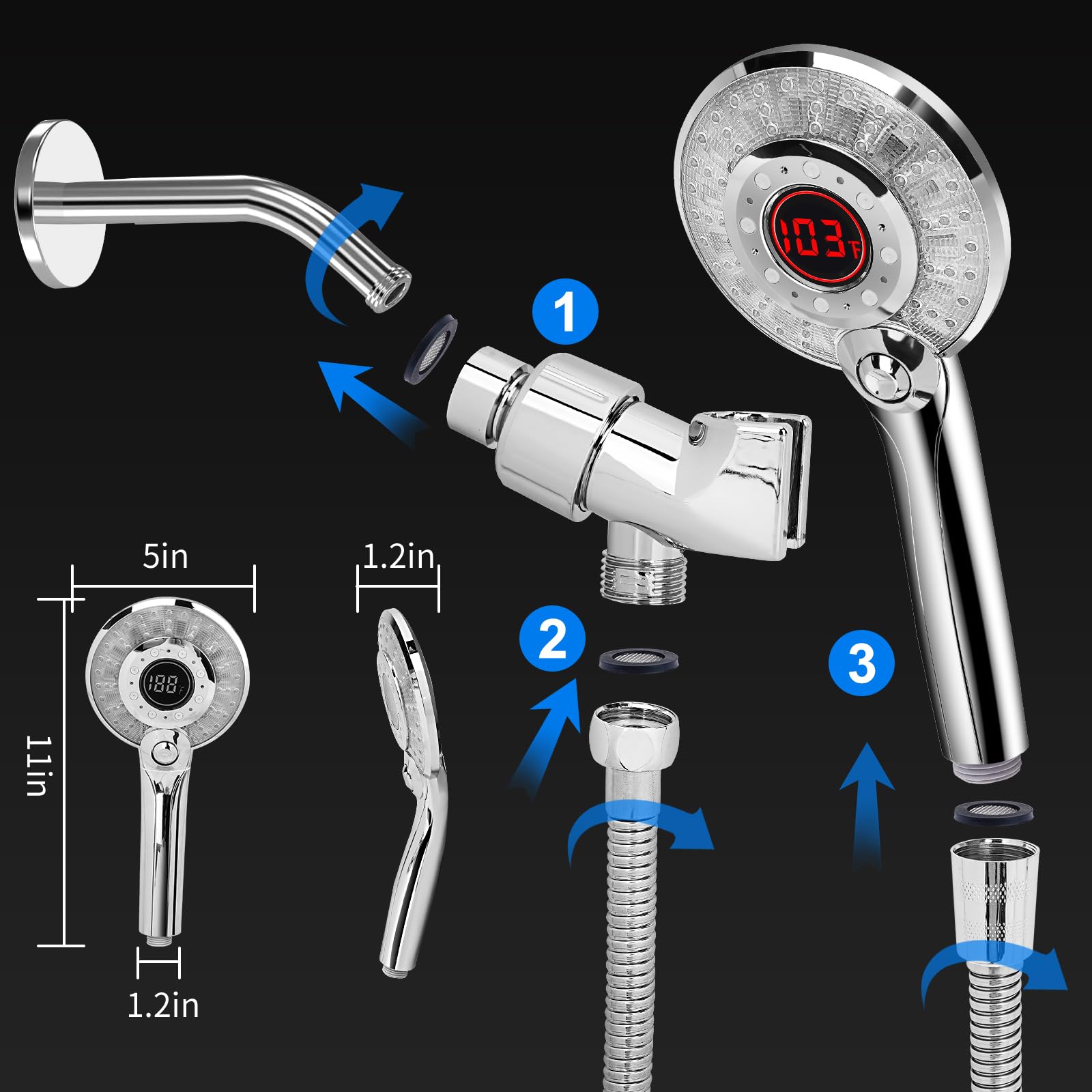 LED Shower Head Color Changing, Handheld Shower Head High Pressure with Hose, Water Saving Spray Showerheads, Discoloration Warning, Water Temperature Display, 3 Spray Modes, Easy to Install, ‎Chrome