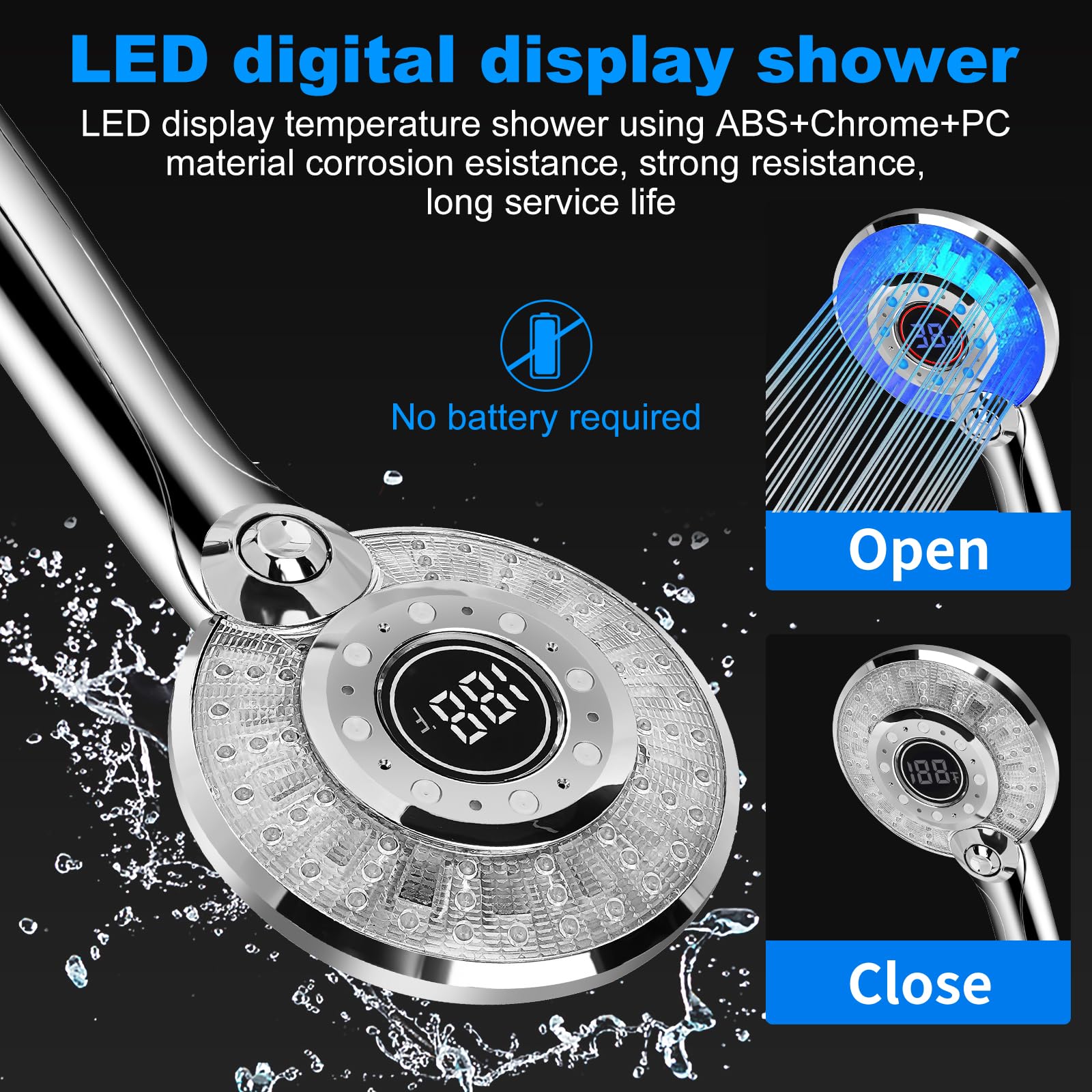 LED Shower Head Color Changing, Handheld Shower Head High Pressure with Hose, Water Saving Spray Showerheads, Discoloration Warning, Water Temperature Display, 3 Spray Modes, Easy to Install, ‎Chrome