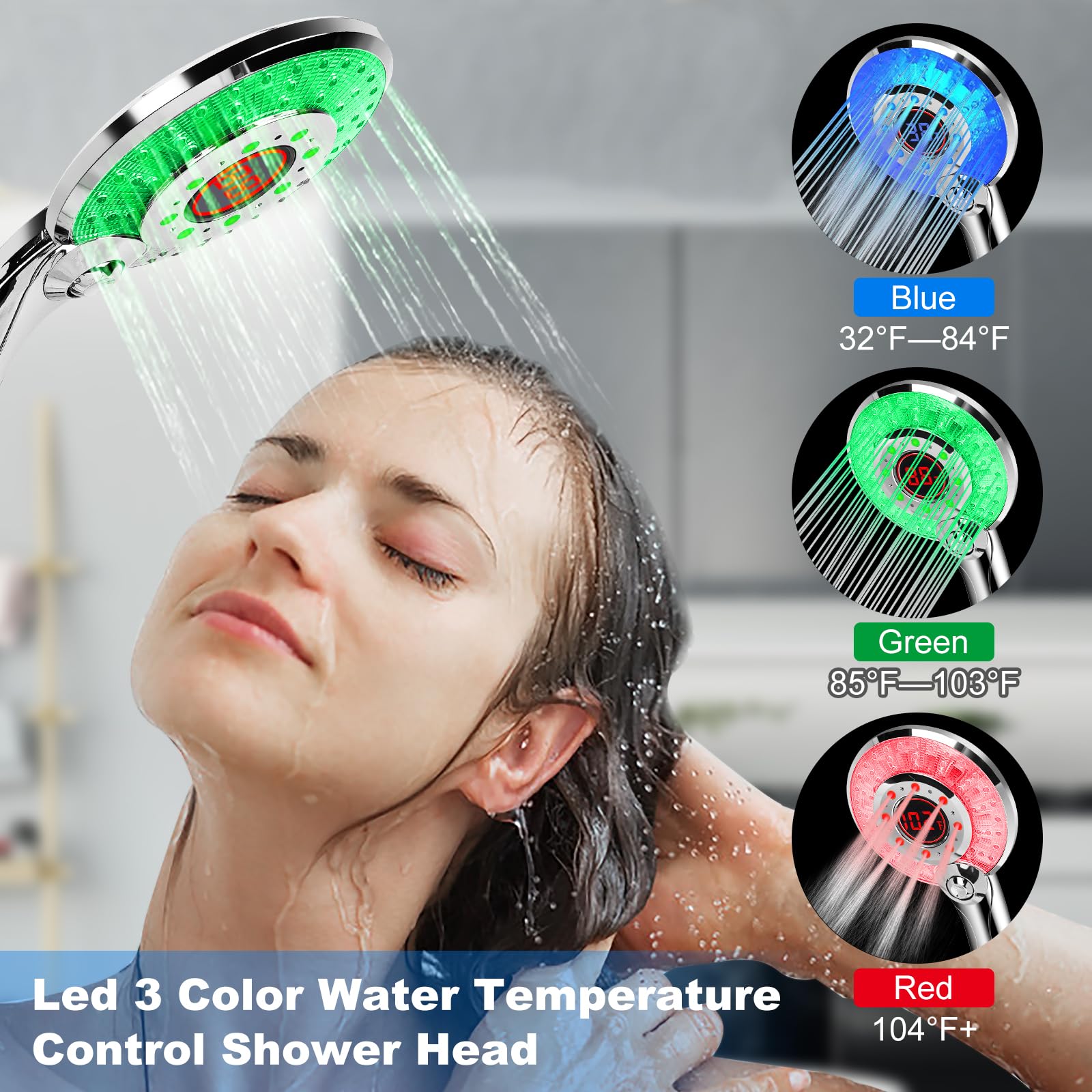 LED Shower Head Color Changing, Handheld Shower Head High Pressure with Hose, Water Saving Spray Showerheads, Discoloration Warning, Water Temperature Display, 3 Spray Modes, Easy to Install, ‎Chrome