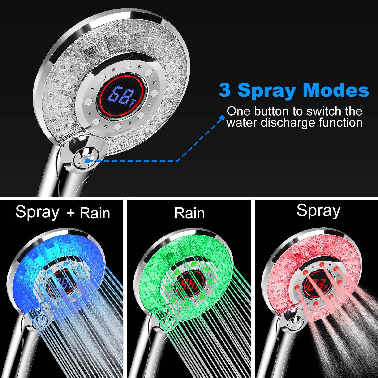 LED Shower Head Color Changing, Handheld Shower Head High Pressure with Hose, Water Saving Spray Showerheads, Discoloration Warning, Water Temperature Display, 3 Spray Modes, Easy to Install, ‎Chrome